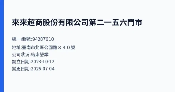 來來超商股份有限公司第二一五六門市的照片-統編 94287610(臺南市) 公司登記資料與營業項目詳細圖表