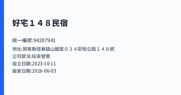 好宅148民宿的照片-統編 94287941(屏東縣) 公司登記資料與營業項目詳細圖表