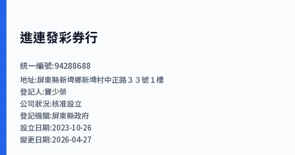 進連發彩券行的照片-統編 94288688(屏東縣) 公司登記資料與營業項目詳細圖表