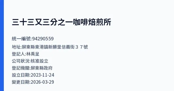 三十三又三分之一咖啡焙煎所的照片-統編 94290559(屏東縣) 公司登記資料與營業項目詳細圖表
