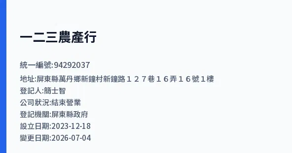 一二三農產行的照片-統編 94292037(屏東縣) 公司登記資料與營業項目詳細圖表