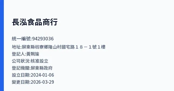 長泓食品商行的照片-統編 94293036(屏東縣) 公司登記資料與營業項目詳細圖表