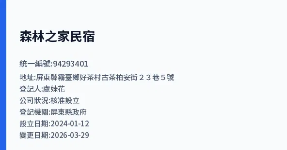 森林之家民宿的照片-統編 94293401(屏東縣) 公司登記資料與營業項目詳細圖表