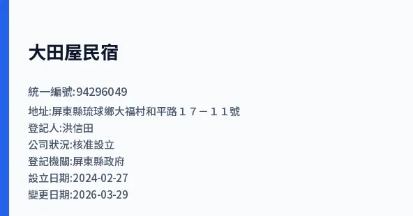 大田屋民宿的照片-統編 94296049(屏東縣) 公司登記資料與營業項目詳細圖表