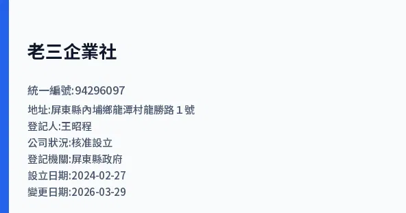 老三企業社的照片-統編 94296097(屏東縣) 公司登記資料與營業項目詳細圖表