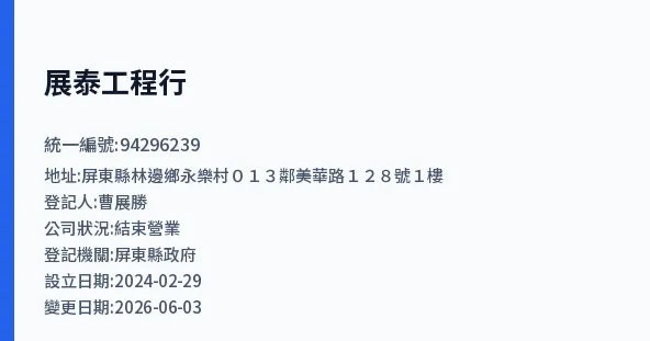 展泰工程行的照片-統編 94296239(屏東縣) 公司登記資料與營業項目詳細圖表