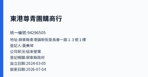 東港尊青團購商行的照片-統編 94296505(屏東縣) 公司登記資料與營業項目詳細圖表