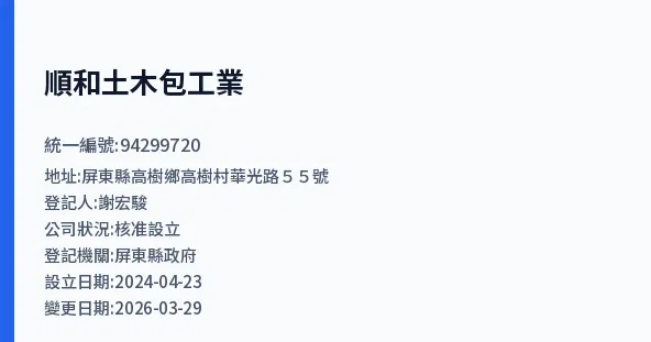 順和土木包工業的照片-統編 94299720(屏東縣) 公司登記資料與營業項目詳細圖表