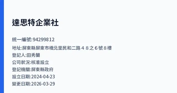 達思特企業社的照片-統編 94299812(屏東縣) 公司登記資料與營業項目詳細圖表