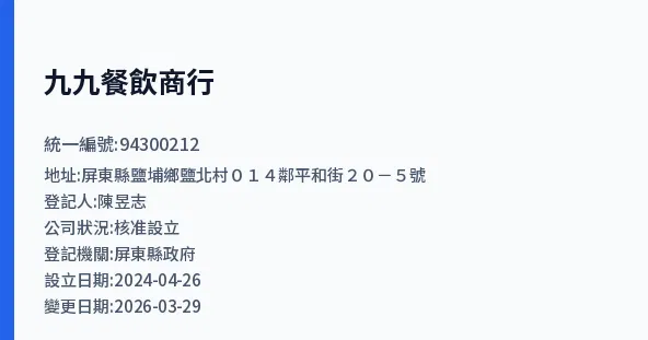 九九餐飲商行的照片-統編 94300212(屏東縣) 公司登記資料與營業項目詳細圖表