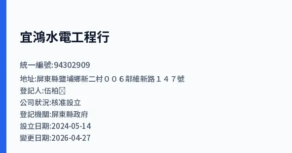 宜鴻水電工程行的照片-統編 94302909(屏東縣) 公司登記資料與營業項目詳細圖表