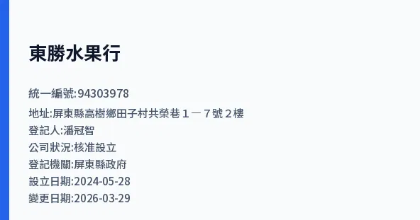 東勝水果行的照片-統編 94303978(屏東縣) 公司登記資料與營業項目詳細圖表