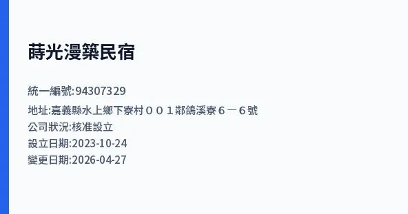 蒔光漫築民宿的照片-統編 94307329(嘉義縣) 公司登記資料與營業項目詳細圖表