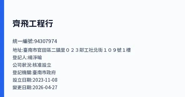齊飛工程行的照片-統編 94307974(臺南市) 公司登記資料與營業項目詳細圖表