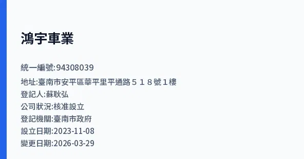 鴻宇車業的照片-統編 94308039(臺南市) 公司登記資料與營業項目詳細圖表