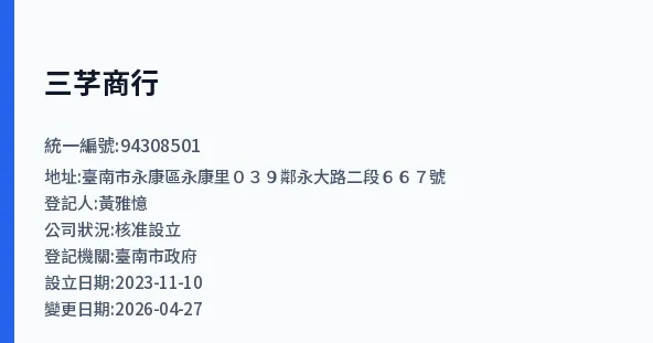 三芓商行的照片-統編 94308501(臺南市) 公司登記資料與營業項目詳細圖表