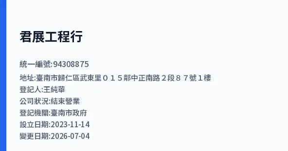 君展工程行的照片-統編 94308875(臺南市) 公司登記資料與營業項目詳細圖表