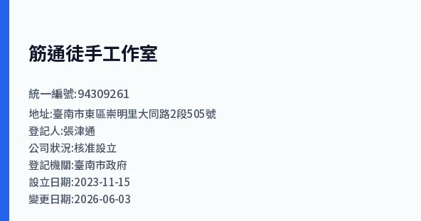 筋通徒手工作室的照片-統編 94309261(臺南市) 公司登記資料與營業項目詳細圖表