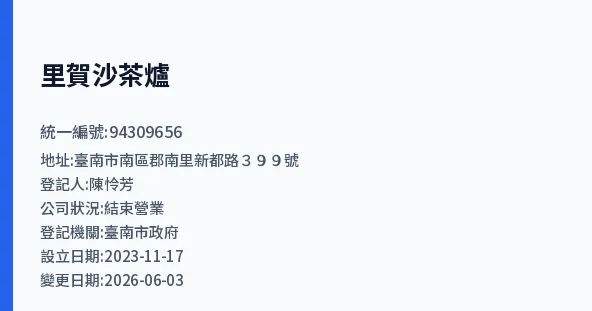 里賀沙茶爐的照片-統編 94309656(臺南市) 公司登記資料與營業項目詳細圖表