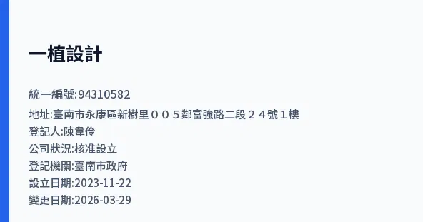 一植設計的照片-統編 94310582(臺南市) 公司登記資料與營業項目詳細圖表