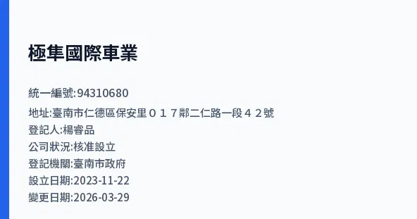 極隼國際車業的照片-統編 94310680(臺南市) 公司登記資料與營業項目詳細圖表