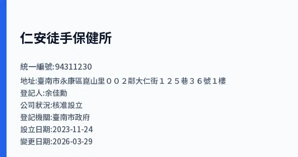 仁安徒手保健所的照片-統編 94311230(臺南市) 公司登記資料與營業項目詳細圖表