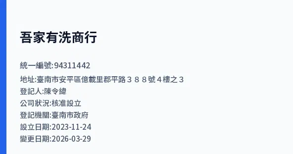 吾家有洗商行的照片-統編 94311442(臺南市) 公司登記資料與營業項目詳細圖表