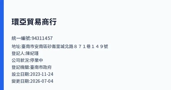 環亞貿易商行的照片-統編 94311457(臺南市) 公司登記資料與營業項目詳細圖表
