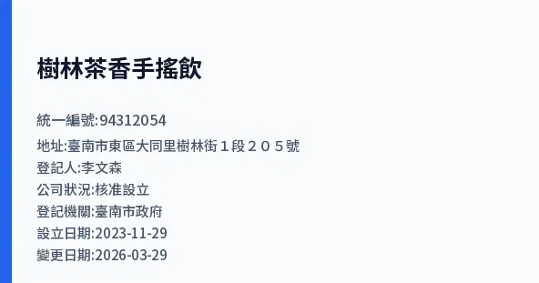 樹林茶香手搖飲的照片-統編 94312054(臺南市) 公司登記資料與營業項目詳細圖表