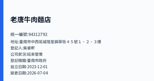 老唐牛肉麵店的照片-統編 94312792(臺南市) 公司登記資料與營業項目詳細圖表