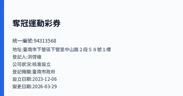 奪冠運動彩券的照片-統編 94313568(臺南市) 公司登記資料與營業項目詳細圖表