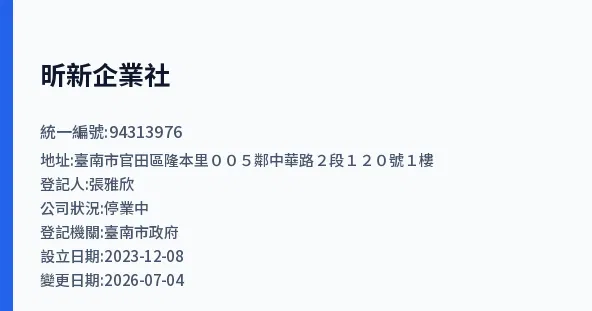 昕新企業社的照片-統編 94313976(臺南市) 公司登記資料與營業項目詳細圖表