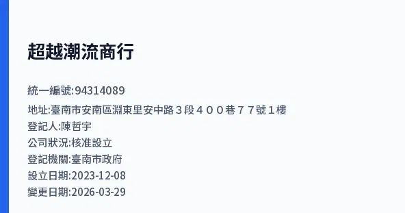 超越潮流商行的照片-統編 94314089(臺南市) 公司登記資料與營業項目詳細圖表