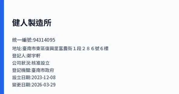 健人製造所的照片-統編 94314095(臺南市) 公司登記資料與營業項目詳細圖表