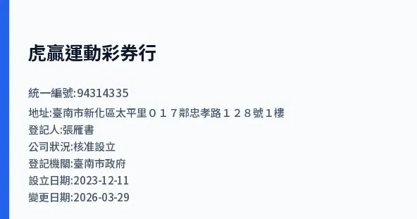 虎贏運動彩券行的照片-統編 94314335(臺南市) 公司登記資料與營業項目詳細圖表