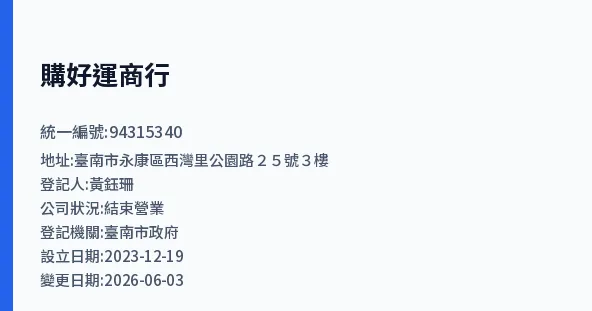 購好運商行的照片-統編 94315340(臺南市) 公司登記資料與營業項目詳細圖表