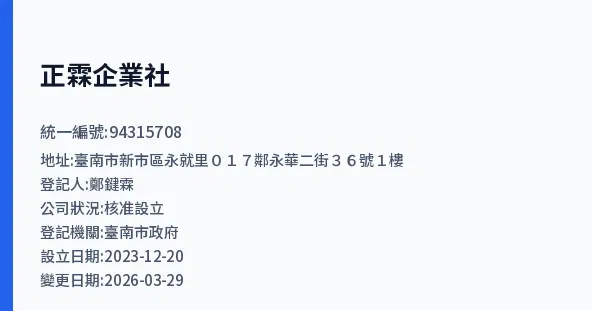 正霖企業社的照片-統編 94315708(臺南市) 公司登記資料與營業項目詳細圖表