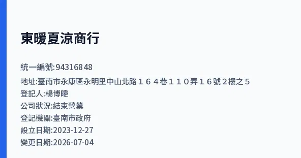 東暖夏涼商行的照片-統編 94316848(臺南市) 公司登記資料與營業項目詳細圖表