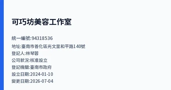 可巧坊美容工作室的照片-統編 94318536(臺南市) 公司登記資料與營業項目詳細圖表