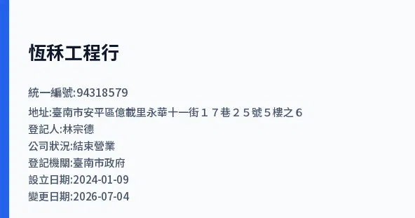 恆秝工程行的照片-統編 94318579(臺南市) 公司登記資料與營業項目詳細圖表
