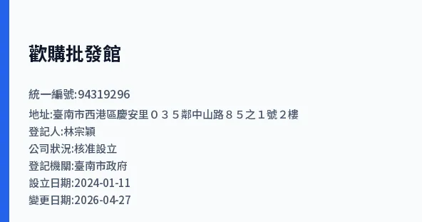 歡購批發館的照片-統編 94319296(臺南市) 公司登記資料與營業項目詳細圖表