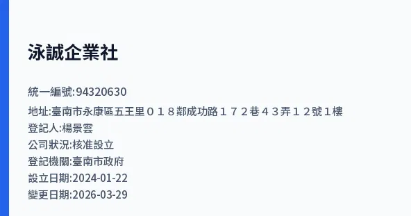 泳誠企業社的照片-統編 94320630(臺南市) 公司登記資料與營業項目詳細圖表