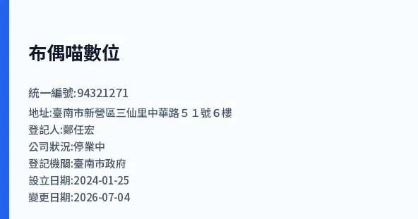 布偶喵數位的照片-統編 94321271(臺南市) 公司登記資料與營業項目詳細圖表