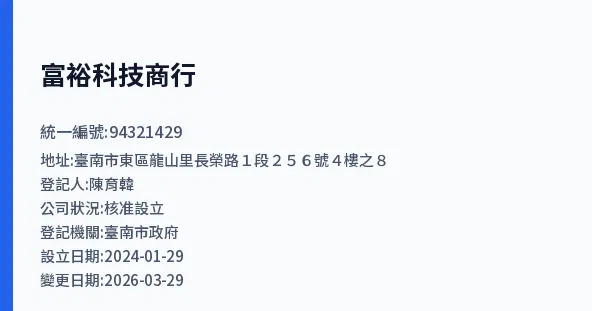 富裕科技商行的照片-統編 94321429(臺南市) 公司登記資料與營業項目詳細圖表