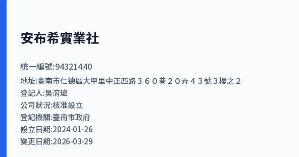 安布希實業社的照片-統編 94321440(臺南市) 公司登記資料與營業項目詳細圖表