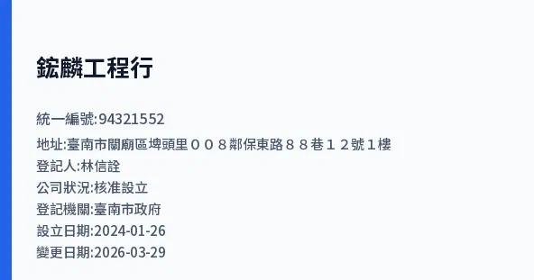 鋐麟工程行的照片-統編 94321552(臺南市) 公司登記資料與營業項目詳細圖表