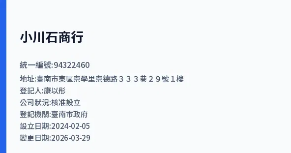 小川石商行的照片-統編 94322460(臺南市) 公司登記資料與營業項目詳細圖表