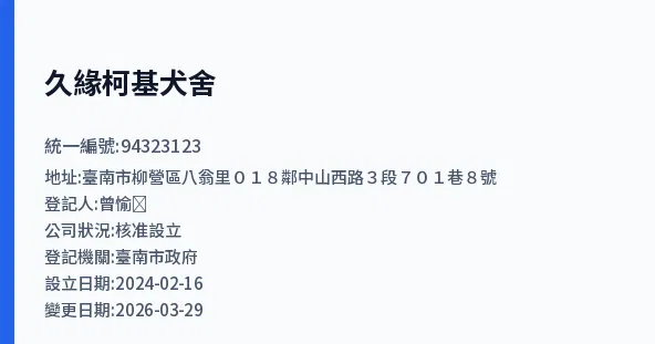 久緣柯基犬舍的照片-統編 94323123(臺南市) 公司登記資料與營業項目詳細圖表