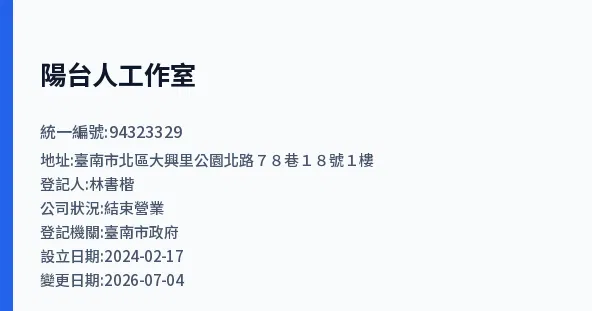 陽台人工作室的照片-統編 94323329(臺南市) 公司登記資料與營業項目詳細圖表
