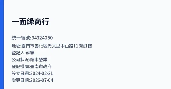 一面緣商行的照片-統編 94324050(臺南市) 公司登記資料與營業項目詳細圖表